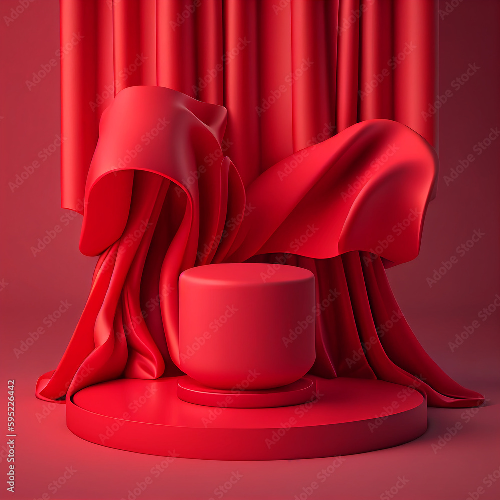 3D rendering. Beautiful silk red cloth floating flying podium stage ...
