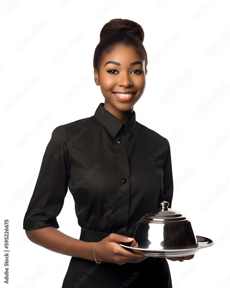 Black Female Waitress Holding Tray in Uniform on White Background Stock ...