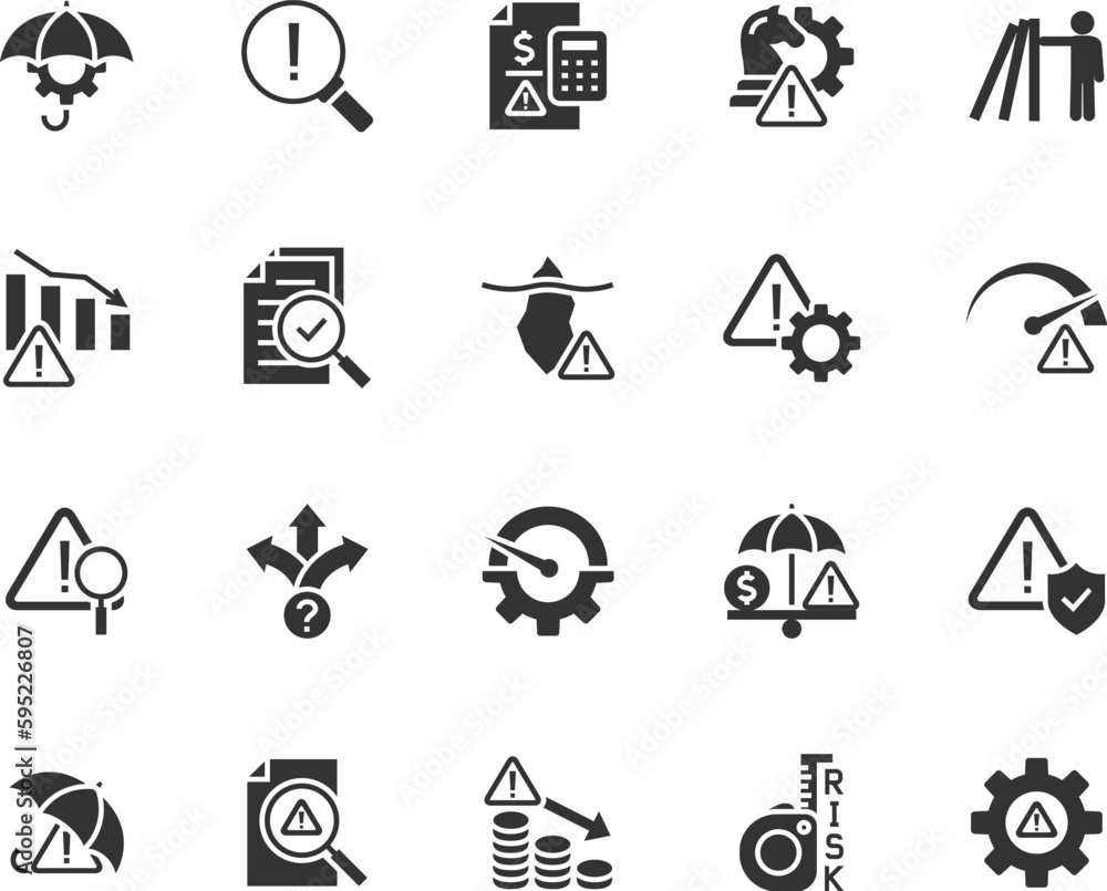 Vector set of risk management flat icons. Contains icons risk analysis ...