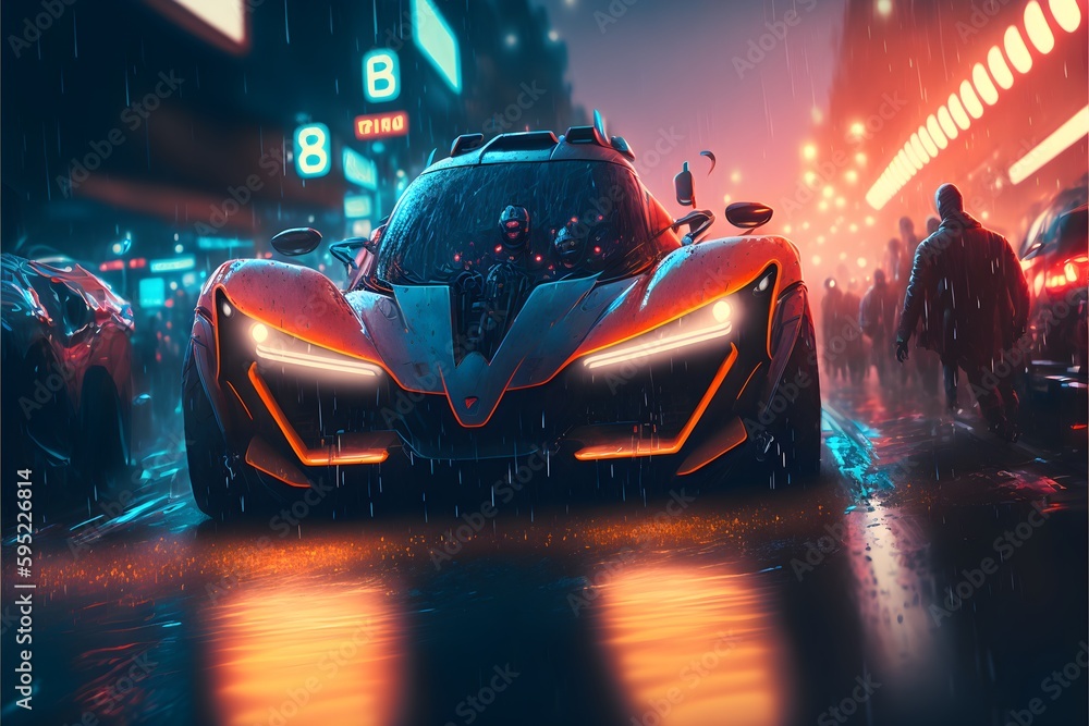 character shiba driving racing car street crowd raining neon lights ...