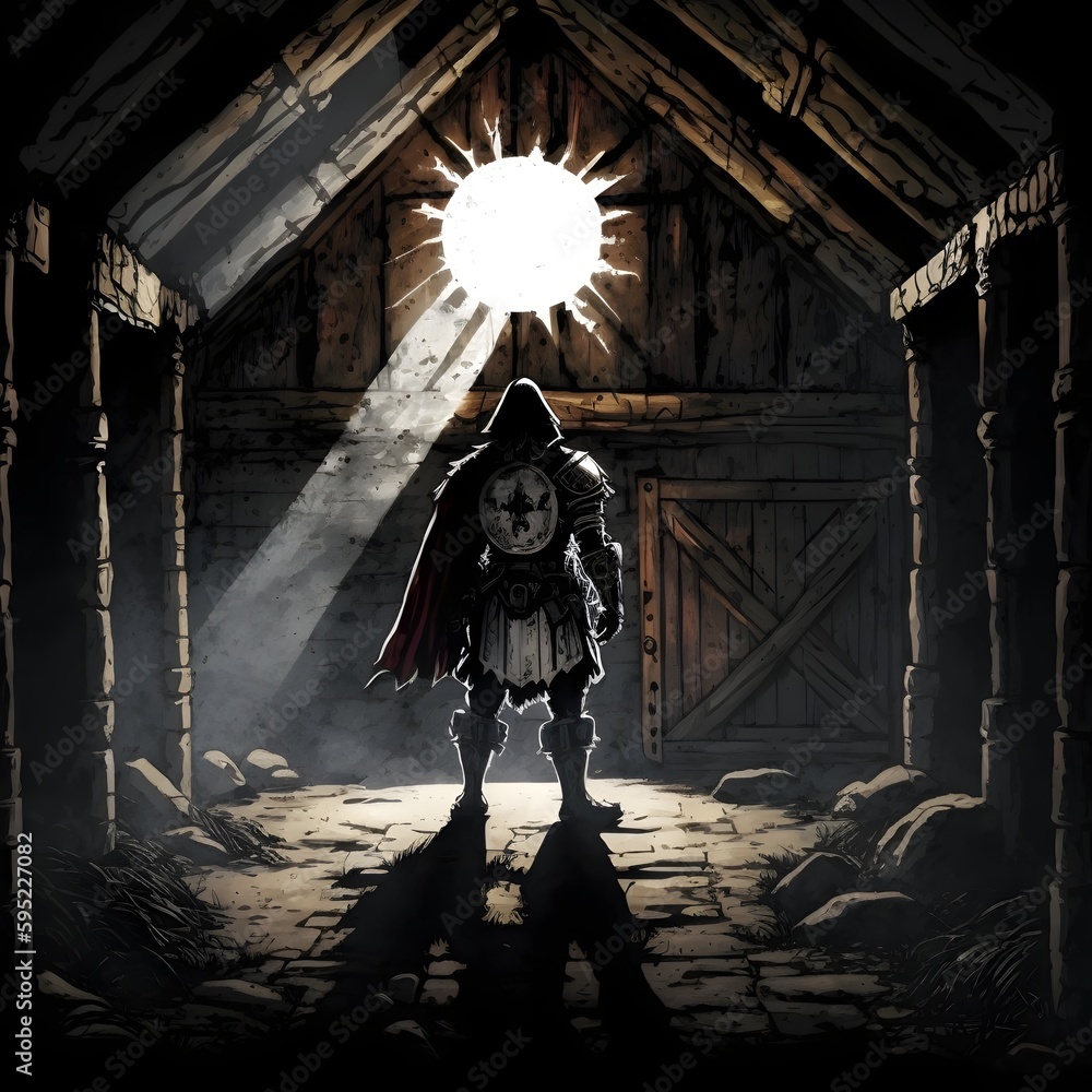 warhammer comic human hero templar standing inside a medieval dark barn ...