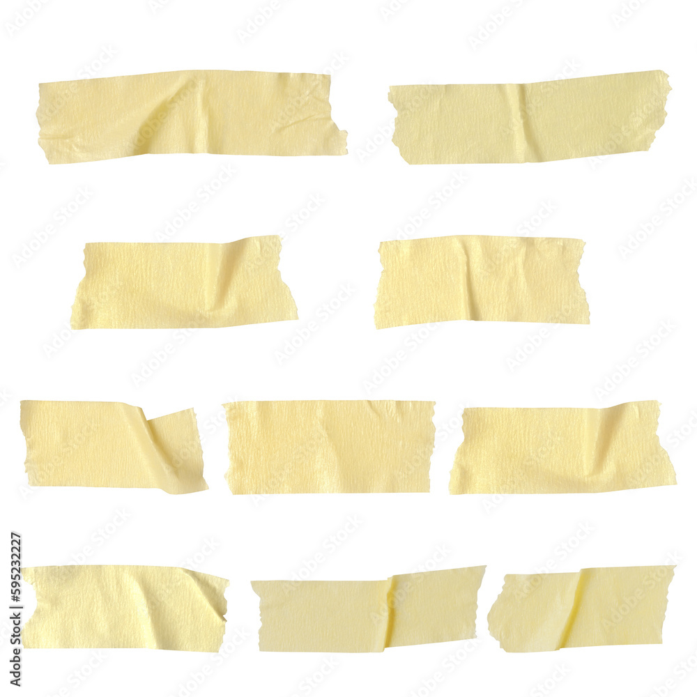 Ten strips of ripped yellow textured adhesive kraft paper / white ...