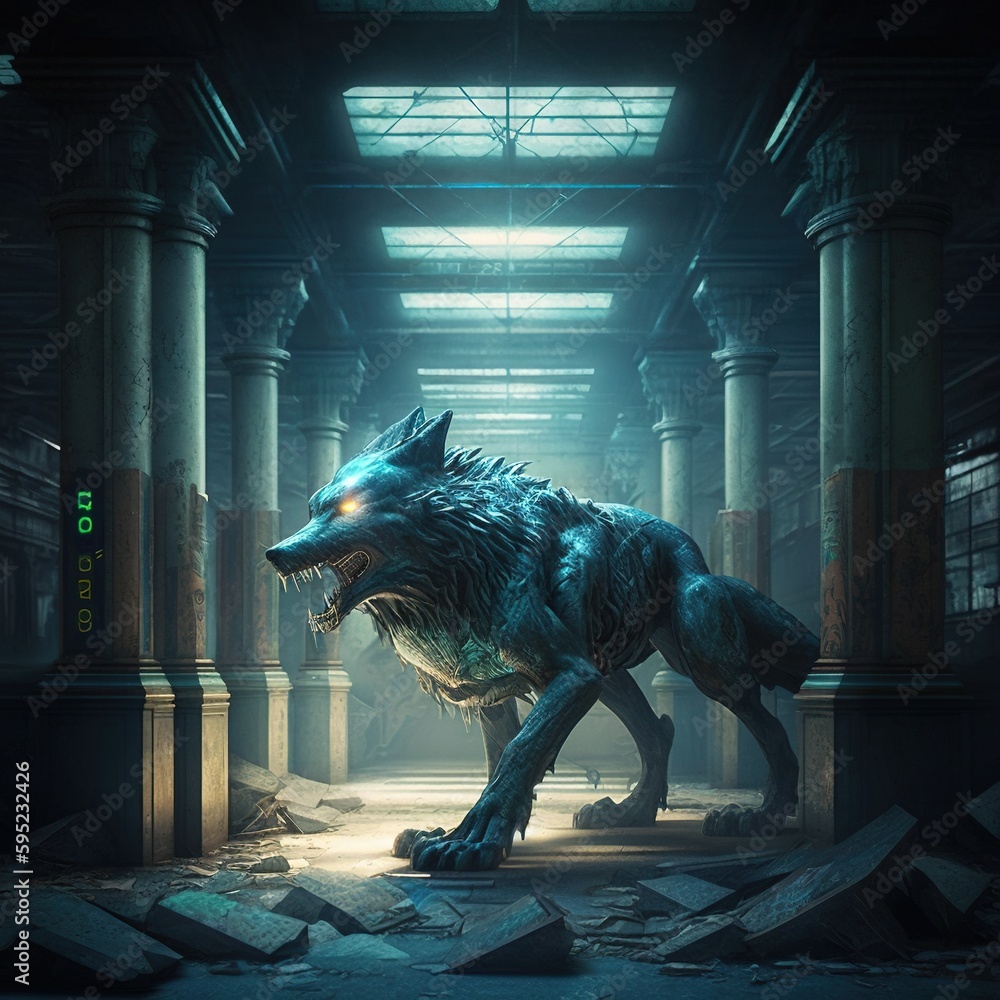 Fenrir prowling in abandoned subway station, dark fantasy, moody blue ...