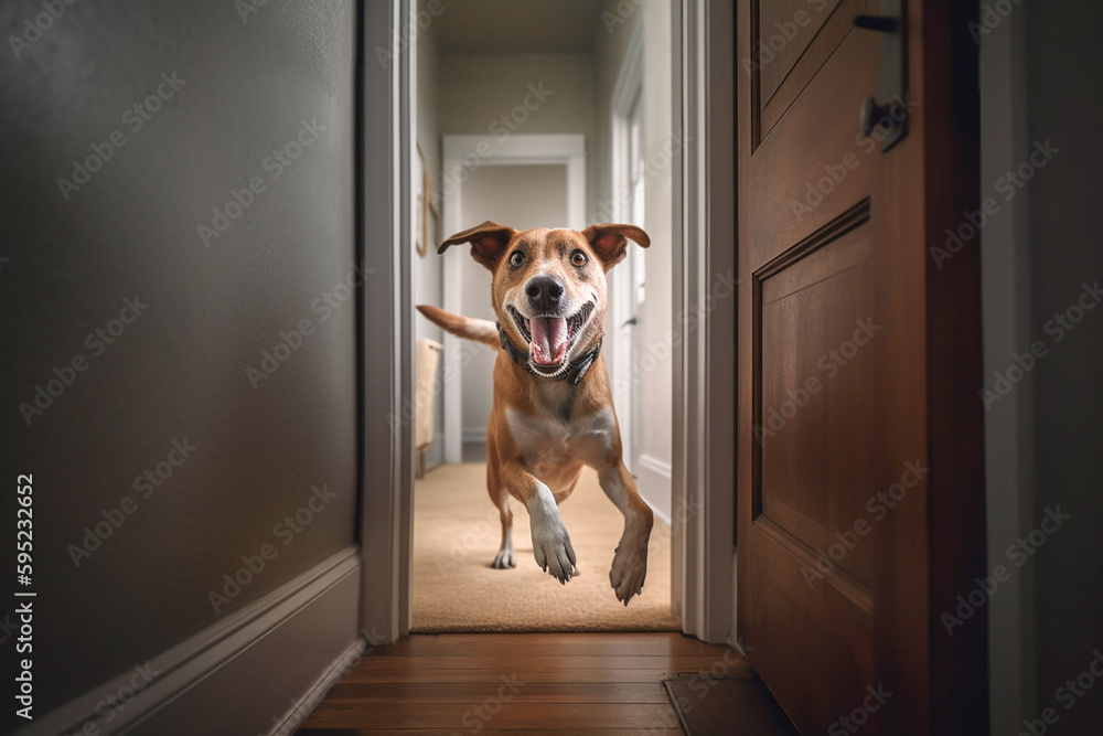 Excited and happy dog at home door entrance greeting the arrival of her ...
