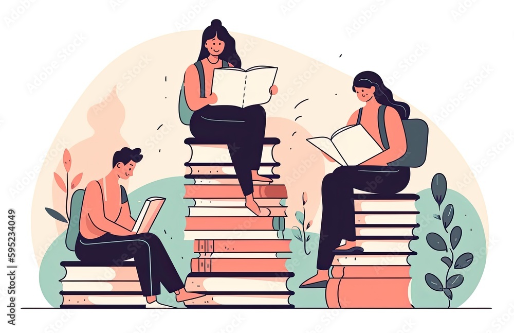 cartoon Student boy and Girl sitting on pile of books with open book in ...