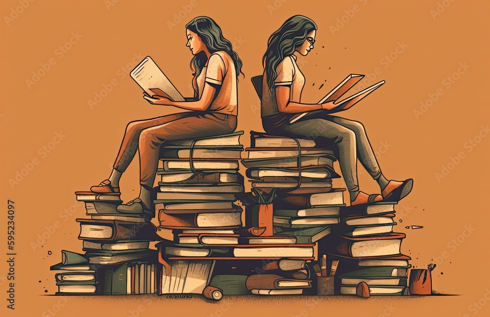 cartoon Student boy and Girl sitting on pile of books with open book in ...