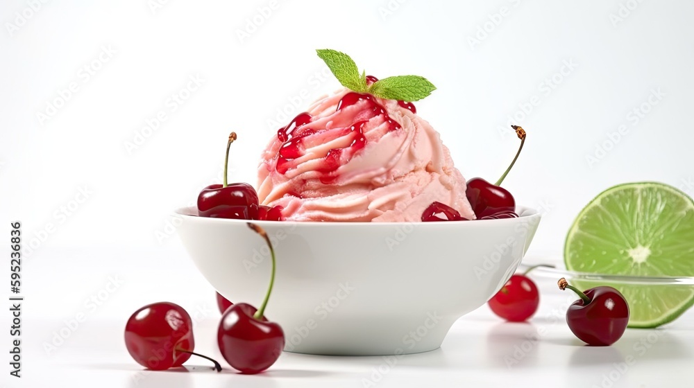 Cherry limeade ice cream in a dish with cherry and lime syrup swirls on ...