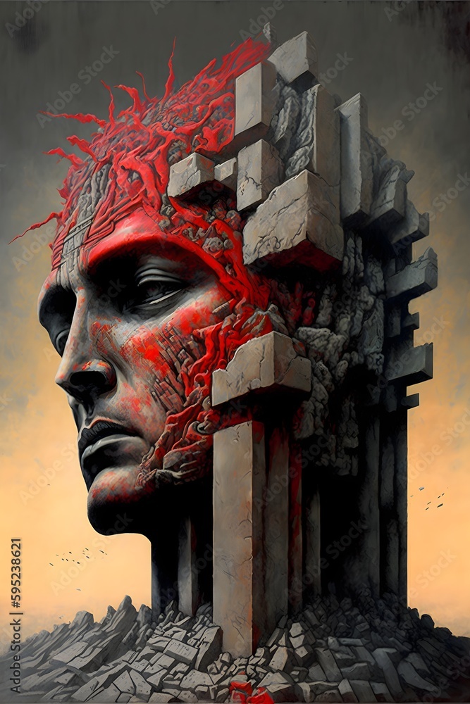 human face concrete monument architecture made of cubic blocks falling ...