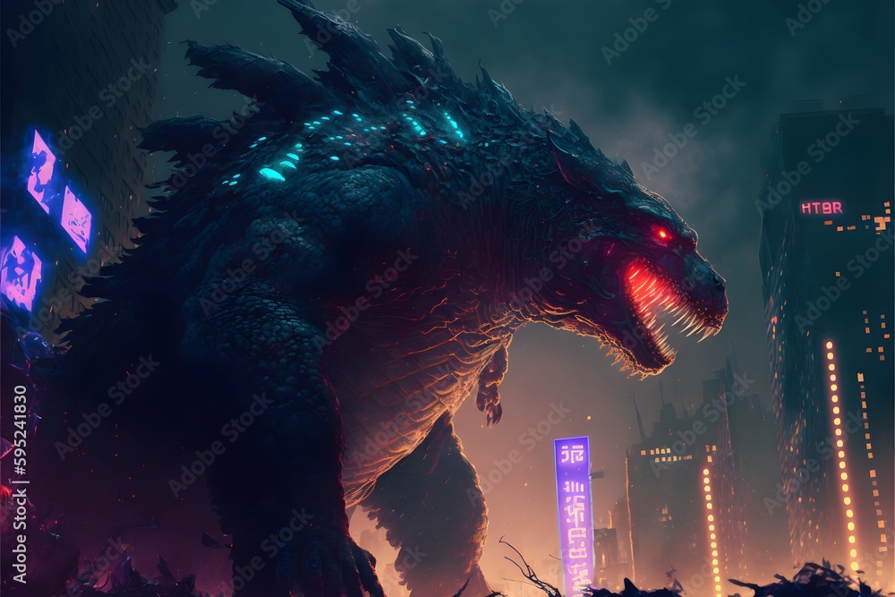 character cyberpunk giant godzilla debris destroyed city mechanical ...