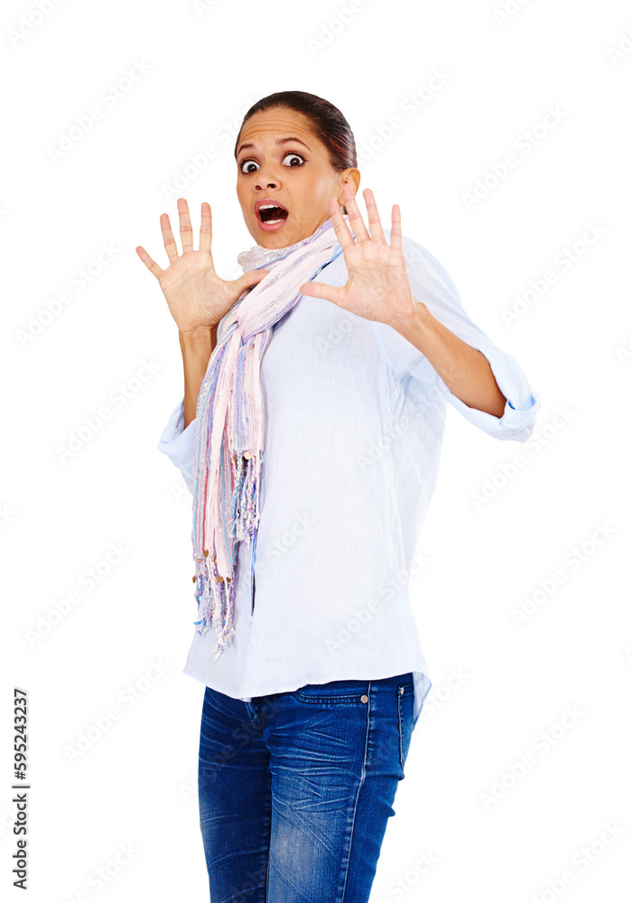 Surprise, scared and portrait of a woman with a shocked face isolated ...