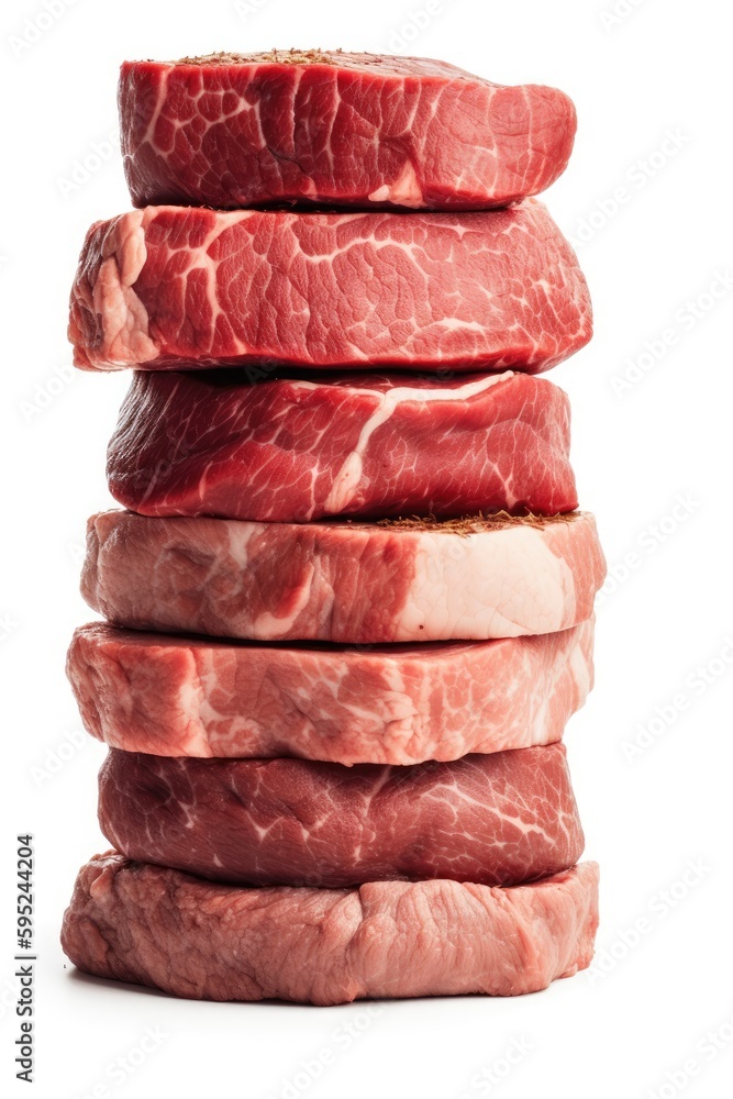 High stack of raw beef steaks in front of a white studio background ...