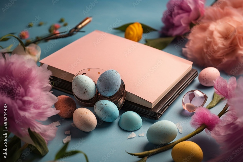 Easter eggs, flowers, and frozen ice on a pink and blue background with ...