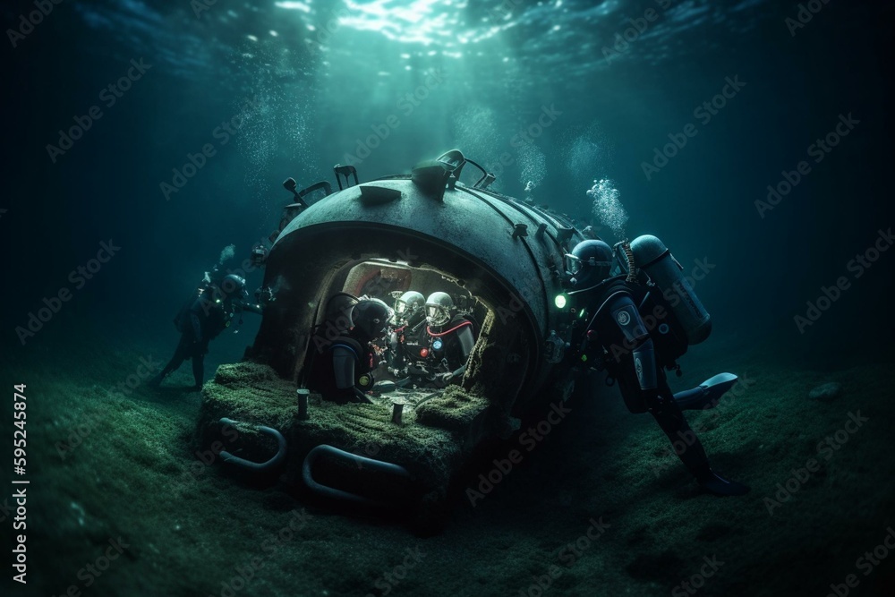 Divers explore an unidentified underwater object portrayed in 3D ...