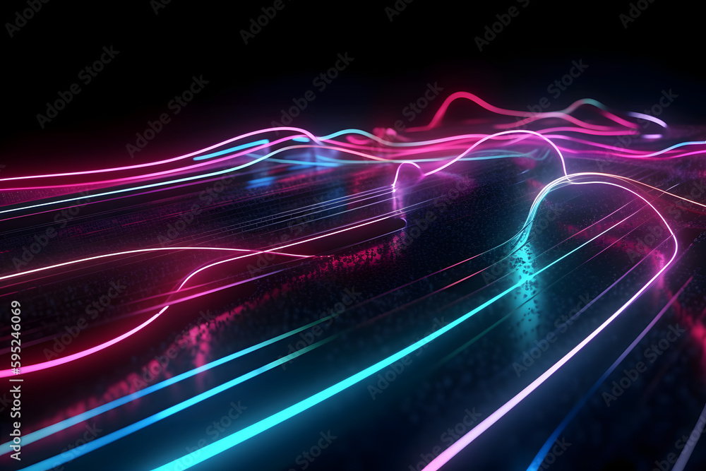 3d render, abstract background with pink blue glowing neon lines and ...