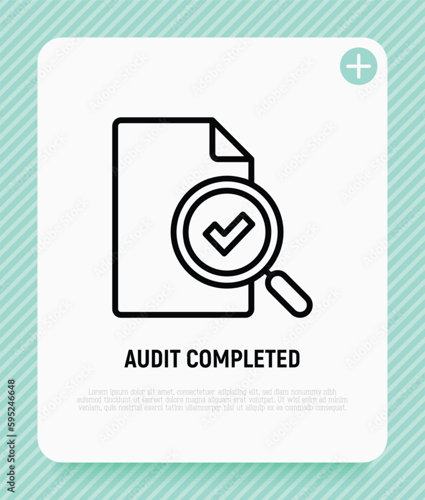 Audit completed thin line icon. Tax review. Data verification. Document ...