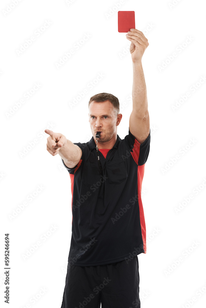 Whistle, referee or man pointing with a red card warning sign or ...
