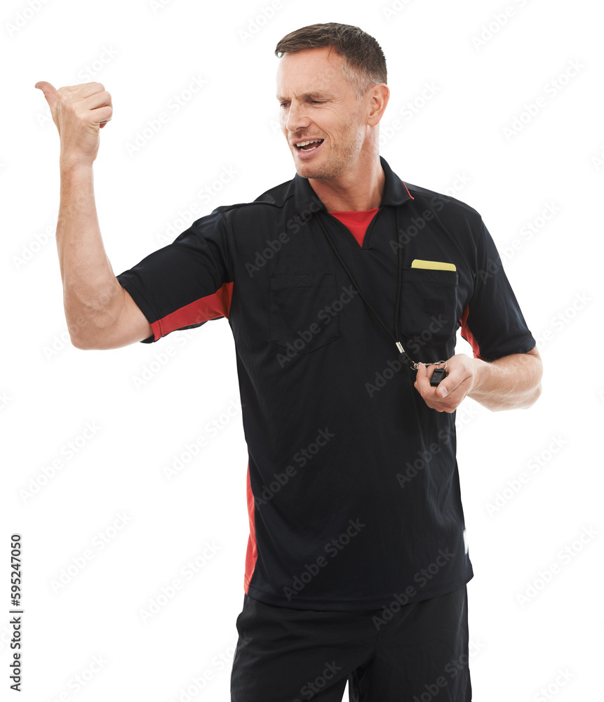 Referee, sending off and hand gesture with a man isolated on a ...
