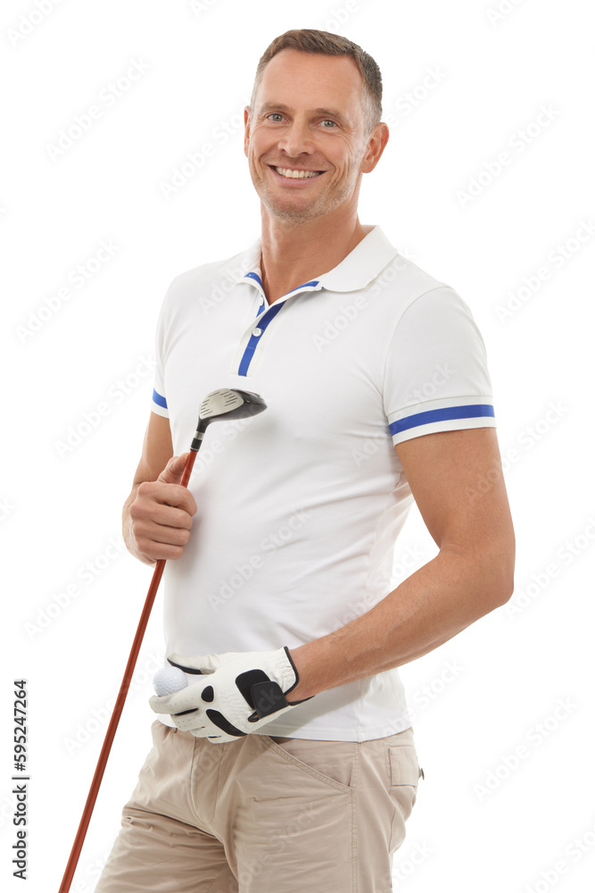 Golf, happy and portrait of man with club on isolated, png and ...