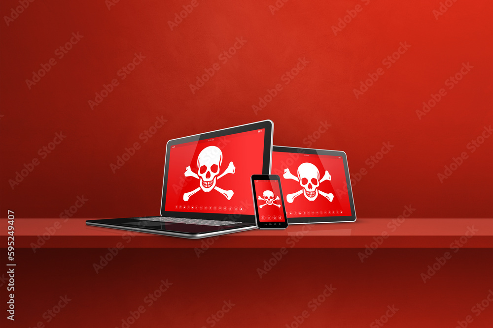 Laptop, tablet pc and smartphone on a shelf with pirate symbols on ...