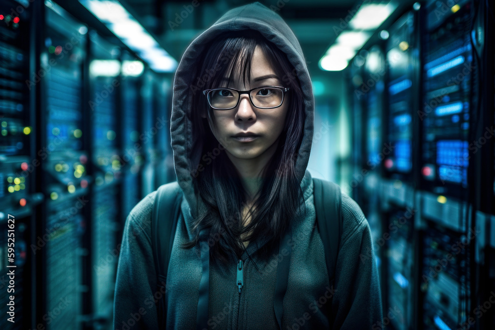 Young Asian Female Hooded Hacker Standing In Front Of The Data Center