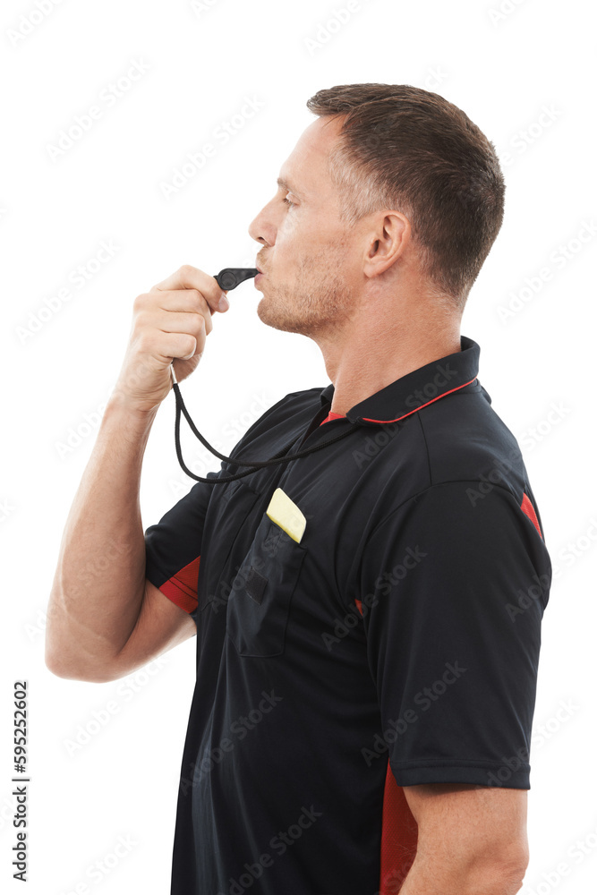 Referee, whistle and foul with a man isolated on a transparent ...