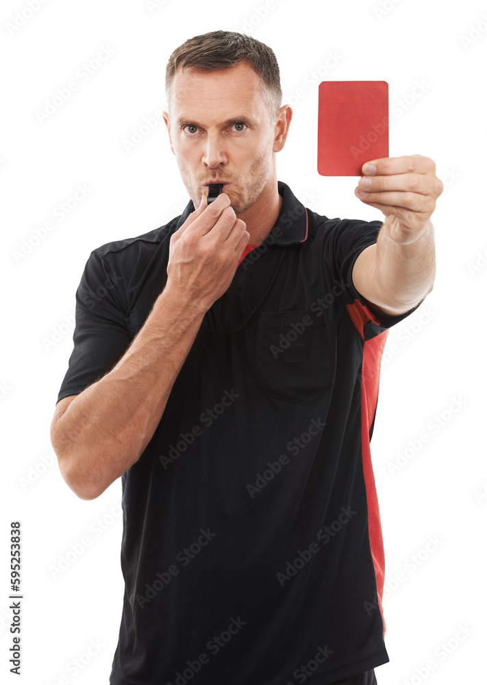 Referee, portrait and red card with a man isolated on a transparent ...