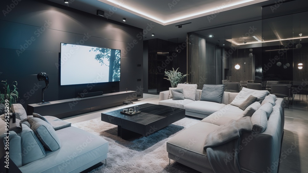 Luxurious home cinema, living room with colored LED lighting - Smart ...