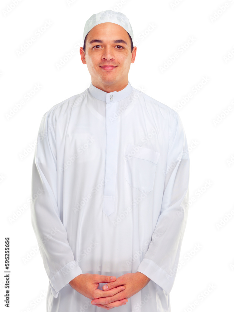 Fashion, portrait and muslim man in traditional clothing on isolated ...