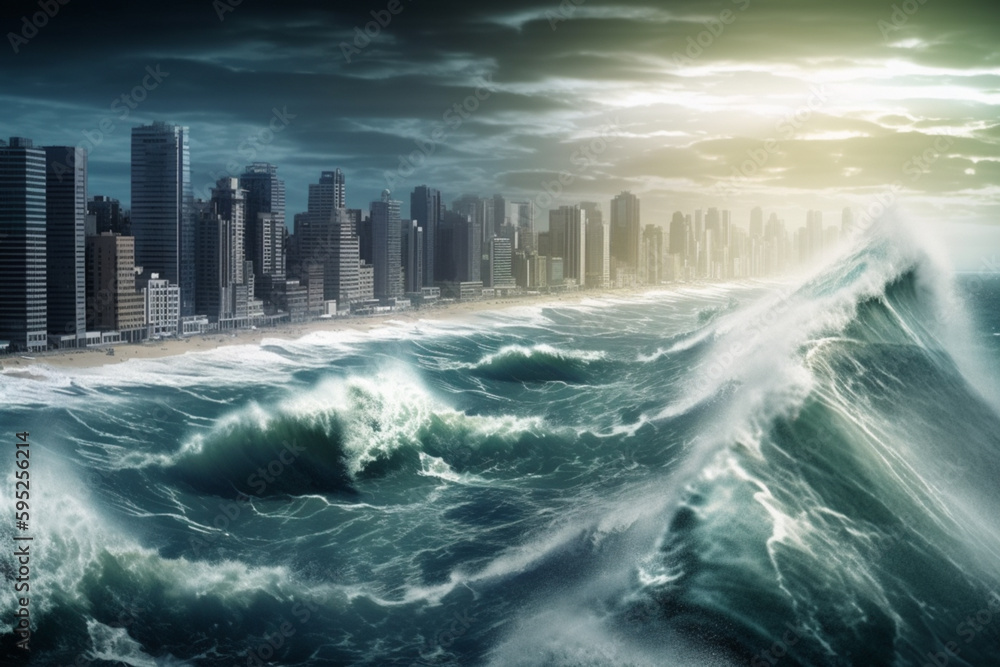 Tsunami is coming after an underwater earthquake in the World Ocean. A ...