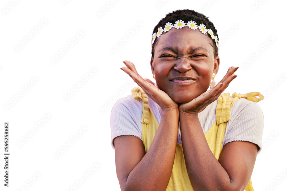 Black woman, comic smile and hands on face isolated on a transparent ...