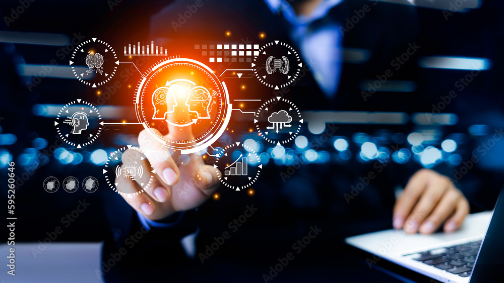 Business people hands holding touching ai icon in global networks. With ...