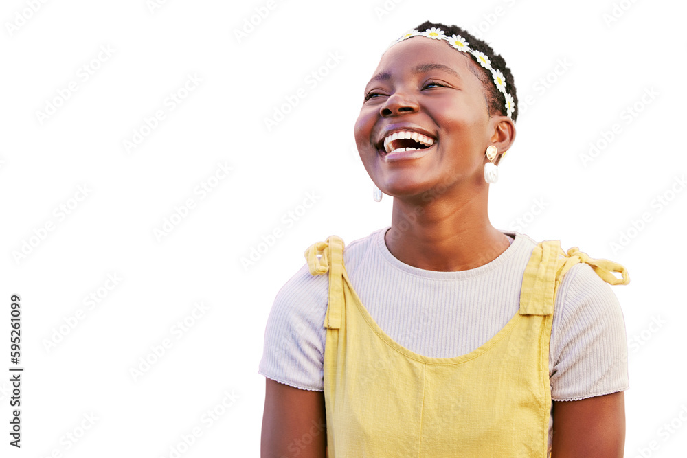 Woman, laughing and thinking of funny idea or memory isolated on a ...