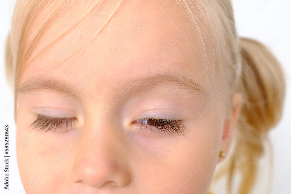 close up part human eyes of little child 3 years old, blonde girl ...