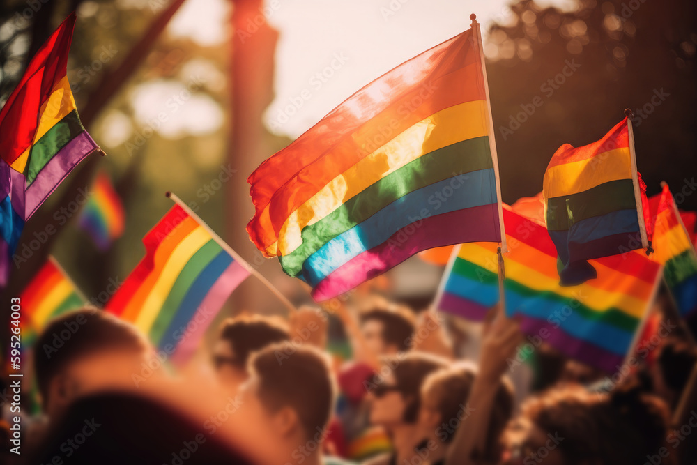 AI generated closeup rainbow flags of LGBT community blowing in wind at ...