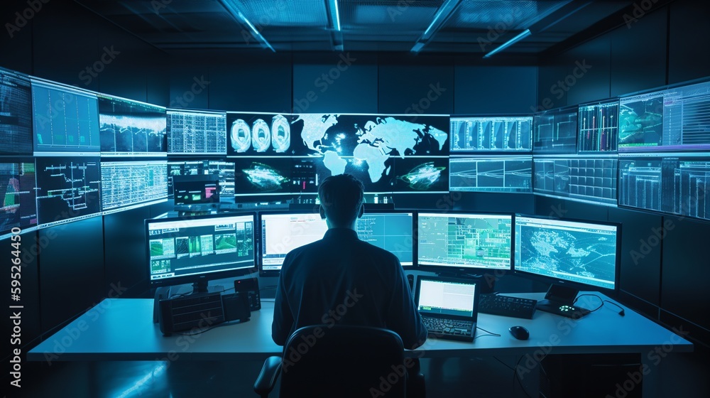 Busy control room monitoring futuristic smart city with AI, 5G, IoT ...