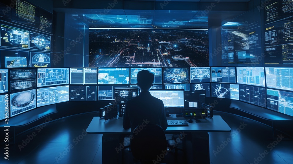 Busy control room monitoring futuristic smart city with AI, 5G, IoT ...