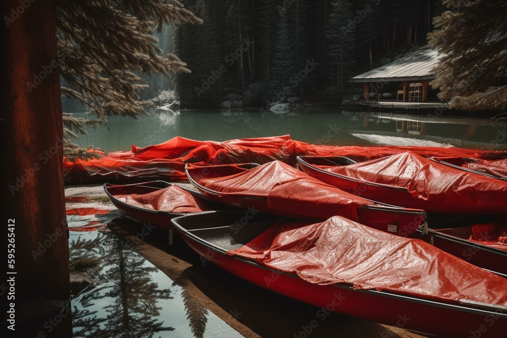 Red kayaks drying upside down at Emerald Lake in the Canadian Rockies ...