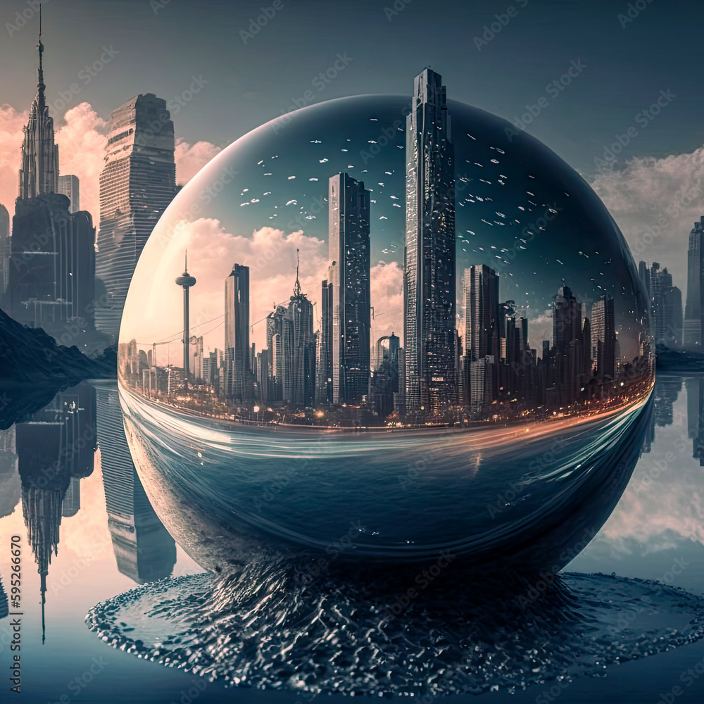 Generative AI illustration of futuristic sci-fi humanoid city on an ...