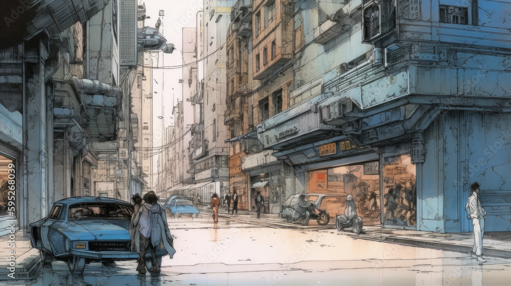cyberpunk city landscape street drawing - by generative ai Stock ...