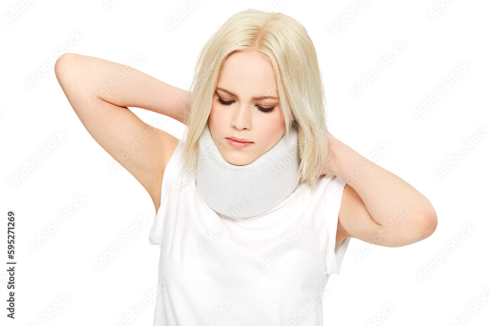 Pain, neck brace and woman with injury problem, first aid collar or ...