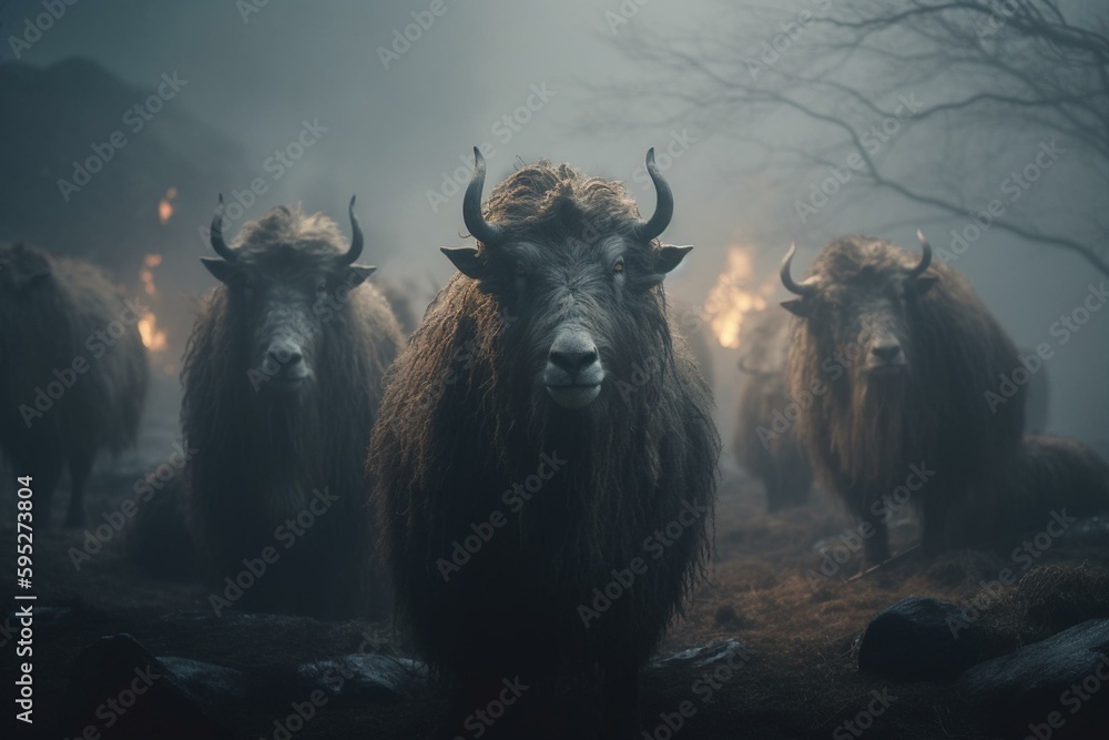 A pack of supernatural creatures gather on a misty evening, hirsute ...