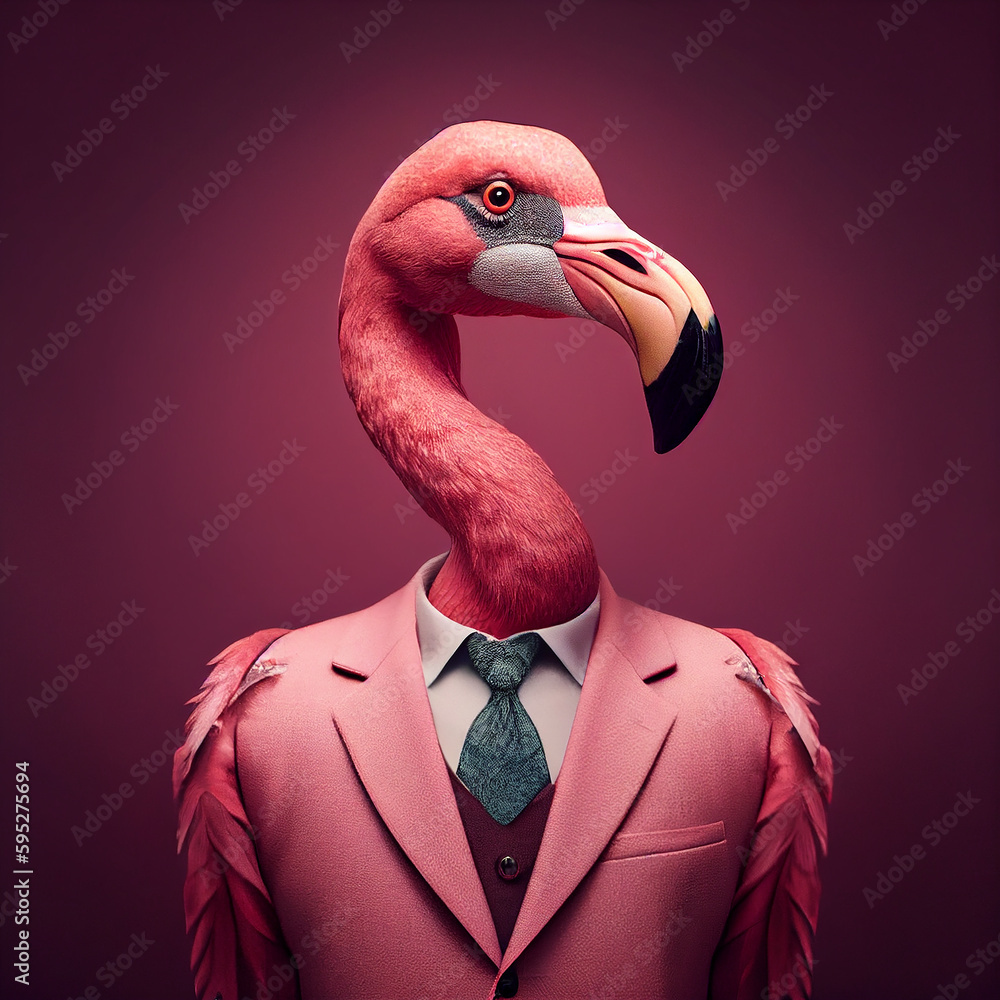 Realistic lifelike flamingo bird in dapper high end luxury formal suit ...