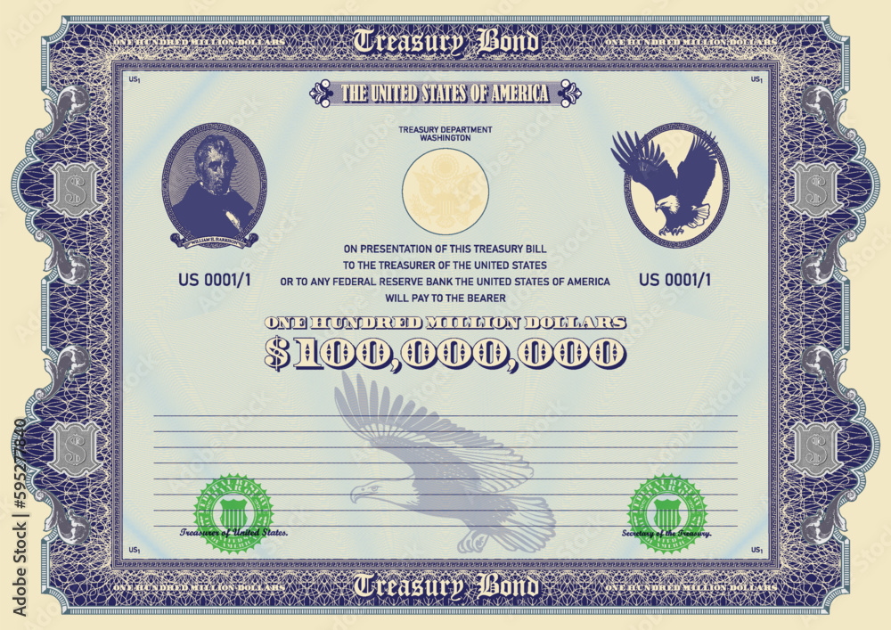 Vector blue treasury bond with a face value of one hundred million US ...