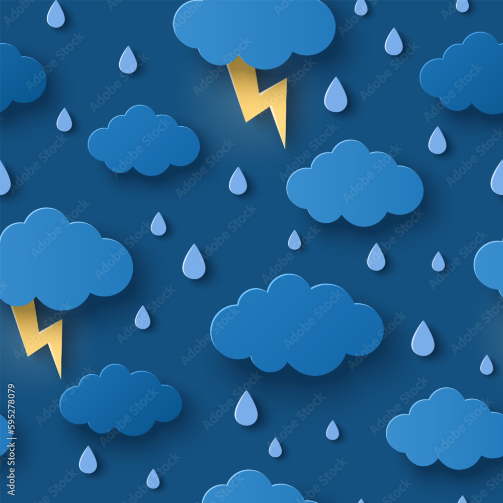 Seamless pattern overcast sky, thunder and lightning. Rainy day monsoon ...