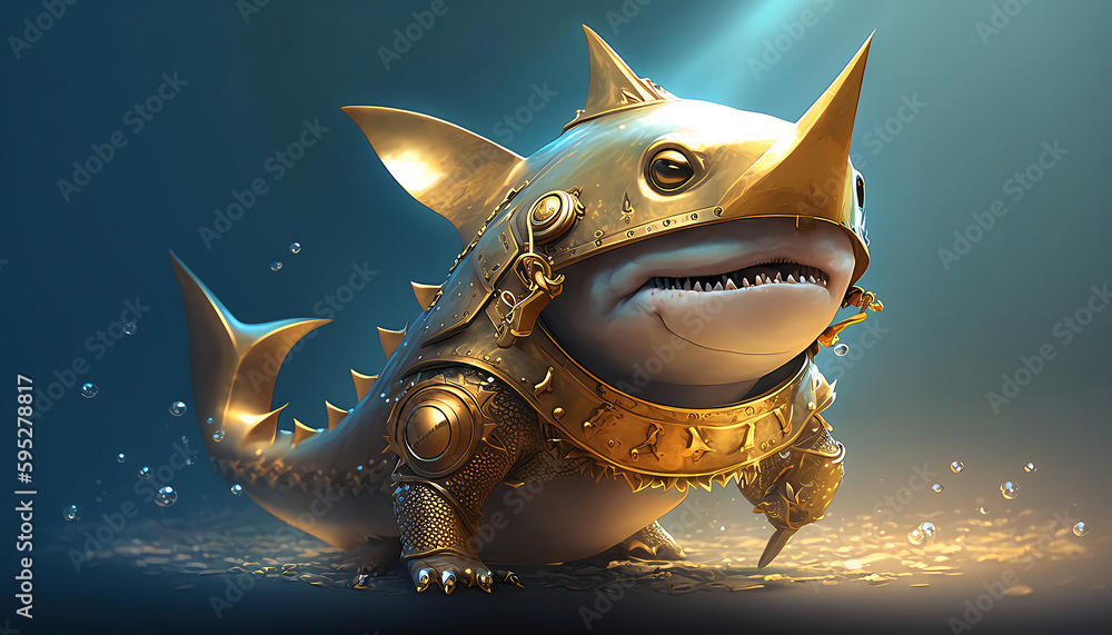 cute cartoon shark wearing golden armor generative ai Stock ...
