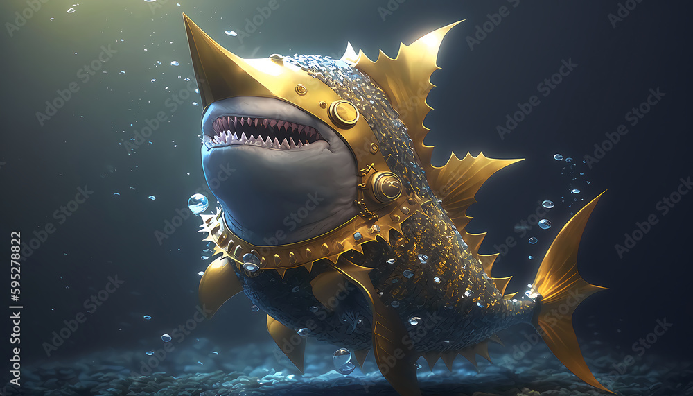 cute cartoon shark wearing golden armor generative ai Stock ...