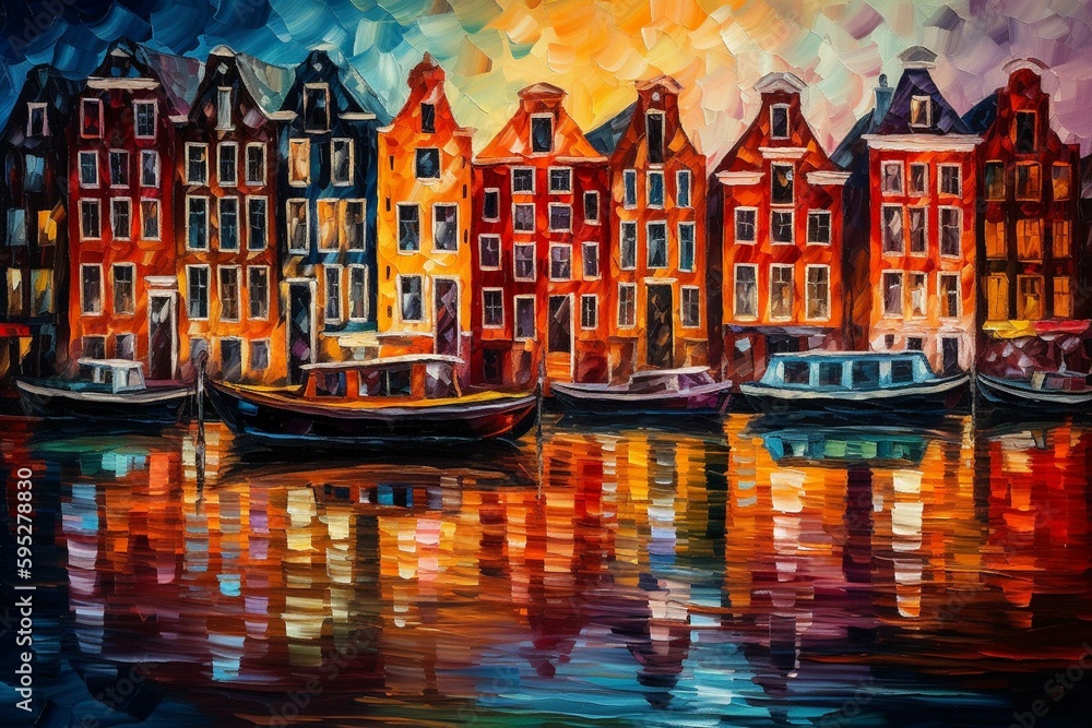 Colorful oil painting of Venice and Amsterdam boats, canals and houses with impressionism and ...