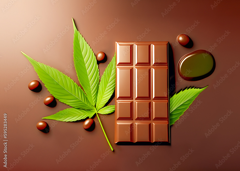 Cannabis chocolate. Chocolate bar with cannabis leaves and drops of ...