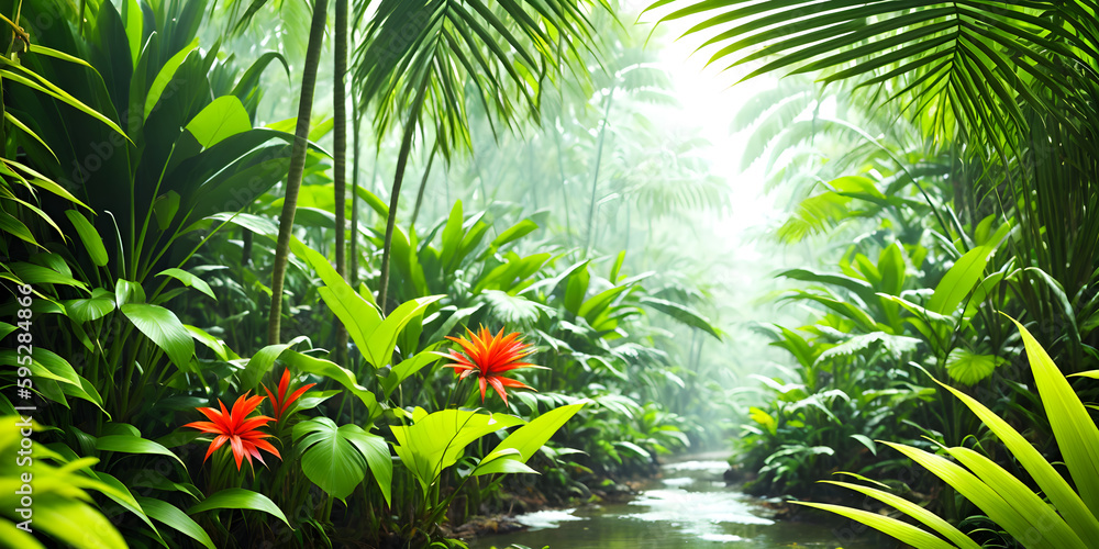 Beautiful wallpaper with a tropical landscape. Jungle with river, palms ...