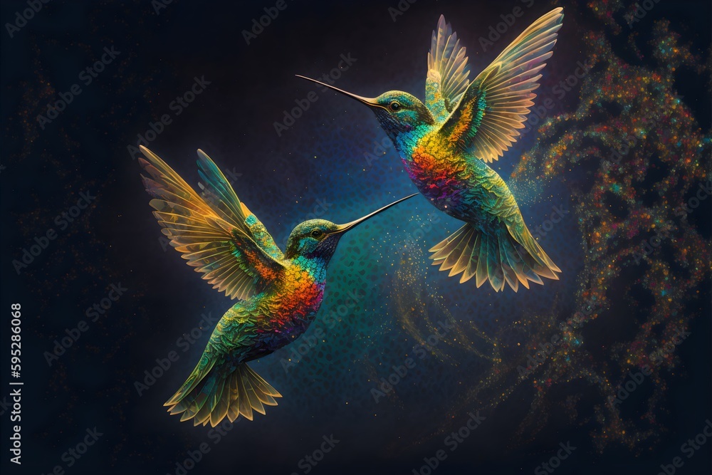 hyperrealistic abstract of two hummingbirds mid flight one right side ...